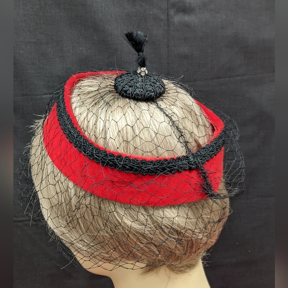 Accessories | Red 196s Open Top Pillbox Lika Cap Black Net Tassel ...